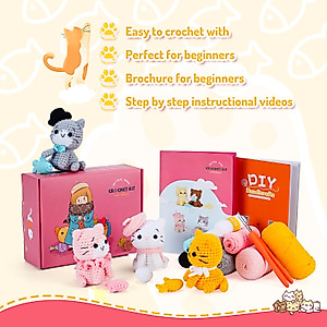 Crochet Kit for Beginners - Cat Crochet Kit with Step-by-Step Video Tutorials, Learn to Crochet Kits for Adults and Kids, 4 PCS Cat with Hat, Toy, Fish Crocheting Set