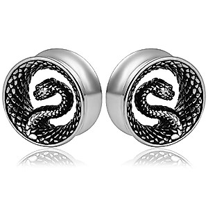Atomhole 8mm-25mm (0g-1") Snake Ear Plugs Tunnels Ear Gauges 316 Stainless Steel Hypoallergenic Earrings Expander Body Piercing Jewelry 2PCS (10mm(00G), Silver)