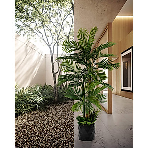 Deluxe 78" Golden Cane Palm Artificial Tree + Premium Fiddle Leaf Foliage in 8" Base + 12" Plant Pot Skirt + Bonus USA Flag Style Pot Pant