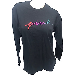 Victoria's Secret Pink Campus Long Sleeve Crew Neck Tee Glitter Shine Size Large Color Black New