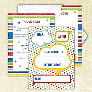 Dots and Stripes Kids Thank You Note Card Pack / 20 Fill In Childrens Colorful Thanks Cards With White Envelopes / 4 5/8" x 6 1/4" Kid Birthday Party Thank You
