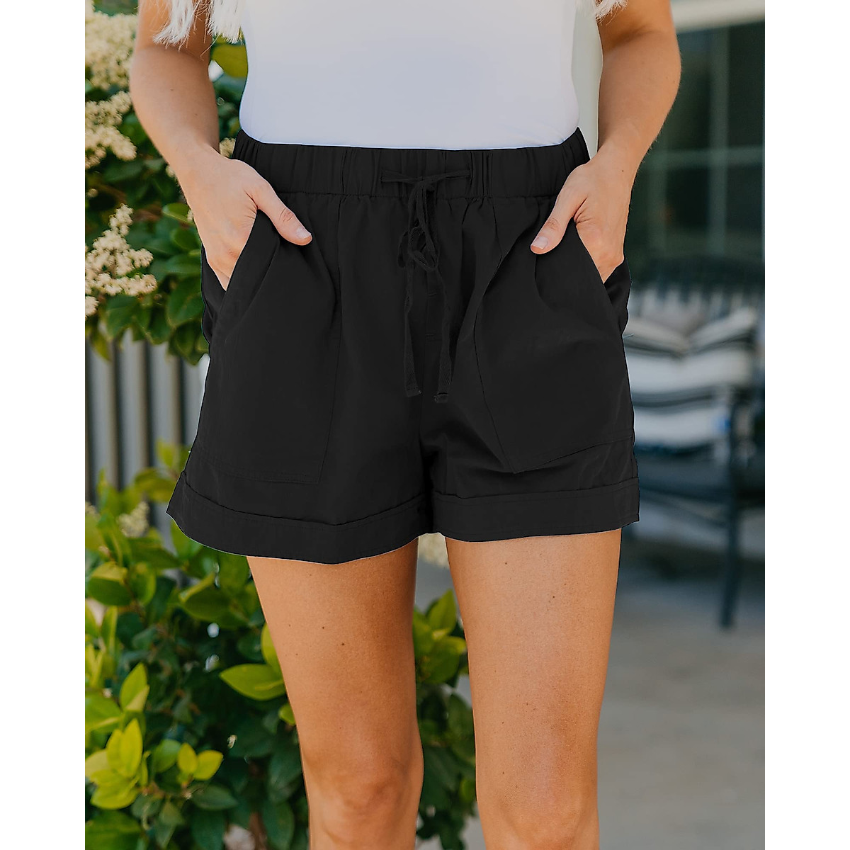 BTFBM Women Casual Shorts Plain Solid Color Elastic Waist Drawstring Summer Beach Lightweight Soft Short Lounge Pants(Solid Black, Large)