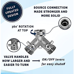 Morvat Heavy Duty Nickel Plated Brass 2 way Y Splitter Garden Hose Hexagonal Connector with Comfortable Grip Shut Off Valves, Adapter for Water Tap, Outlet, & Spigot, Includes 2 Extra Rubber Washers