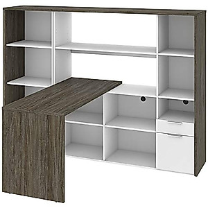 Bestar Gemma 2-Piece Set Including One L-Shaped Desk with Hutch and One Bookcase in Walnut Grey & White