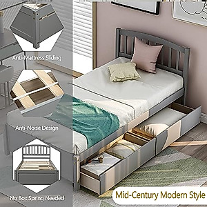 Altillo Twin Size Country Wooden Platform Bed Frames with 2 Storage Drawers/Headboard, Modern Platform Bed with Solid Wood Slat Support for Bedroom Boys Girls Adults Teens, Noise-Free (Gray)