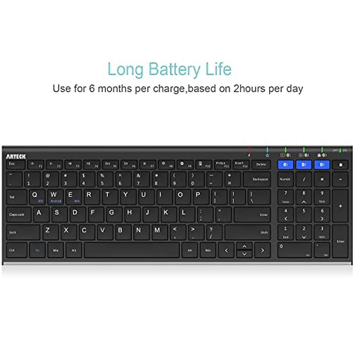 Arteck HB193 Universal Bluetooth Keyboard Multi-Device Stainless Steel Full Size Wireless Keyboard for Windows, iOS, Android, Computer Desktop Laptop Surface Tablet Smartphone Rechargeable Battery
