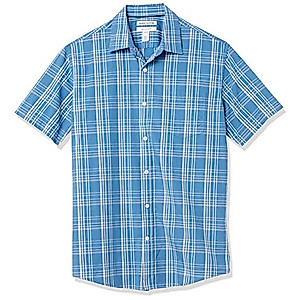 Amazon Essentials Men's Regular-Fit Short-Sleeve Poplin Shirt, Aqua Blue Checked, Large