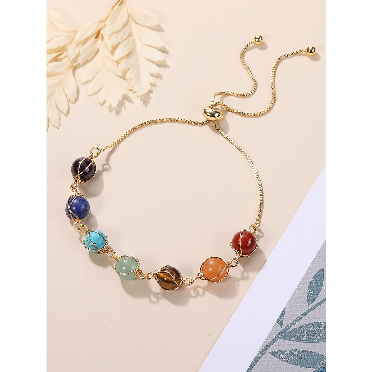 CrystalTears Chakra Crystal Bracelet for Women Adjustable 14k Gold Plated Wire Wrapped Healing Crystal Gemstone Bead Bracelet Natural Quartz Crystal Stone Bracelet Mother’s Day Gift for Mom