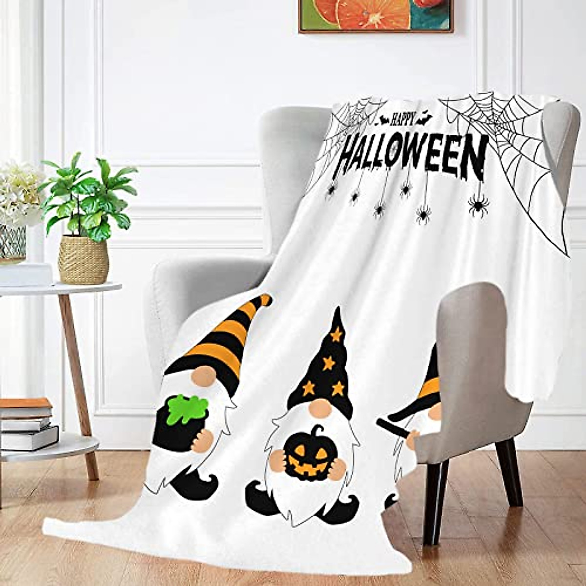 Jbralid Happy Halloween Flannel Bed Blanket Halloween Fall Pumpkin Gnome Spider Web Bat Throw Blanket Lightweight Cozy Blanket for Couch Sofa Bed Home Decorations 40x50 Inch
