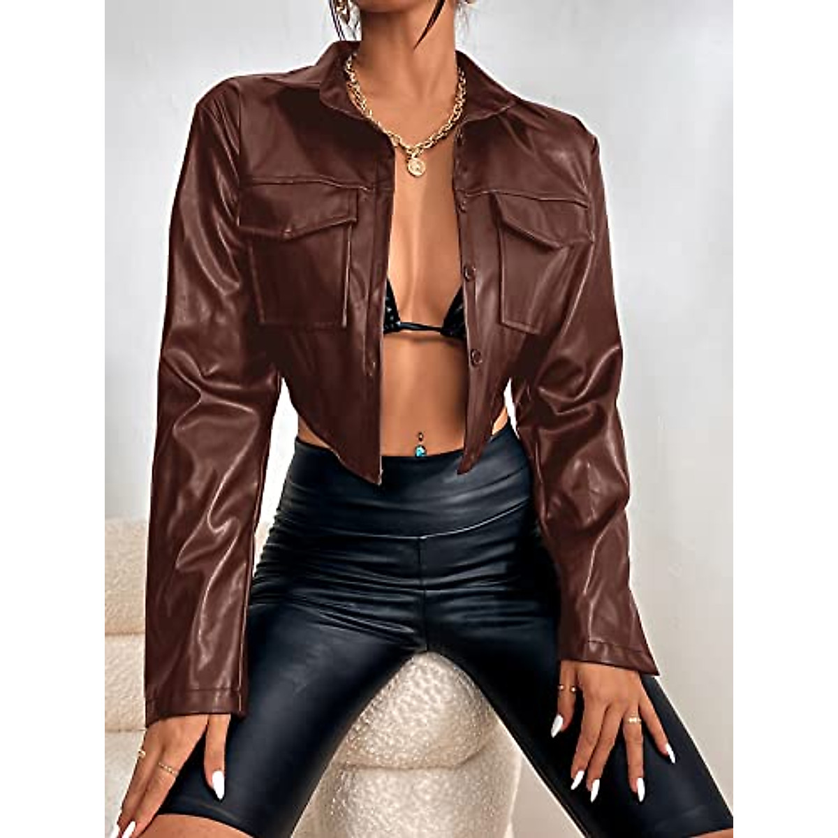 SweatyRocks Women's PU Leather Cropped Coat Casual Button Front Jacket with Bust Pocket Solid Brown M