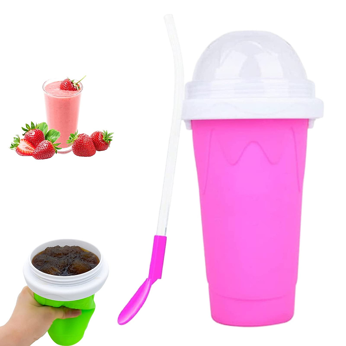 Slushy Maker Cup,Slushy Maker Squeeze Cup,Quick Frozen Smoothies Cups Frozen Magic Cup,Summer Juice Ice Cream Cup,DIY Homemade Smoothie Cups,Reusable Silicon Ice Cup with Straw Spoon 2PCS Blue+Red
