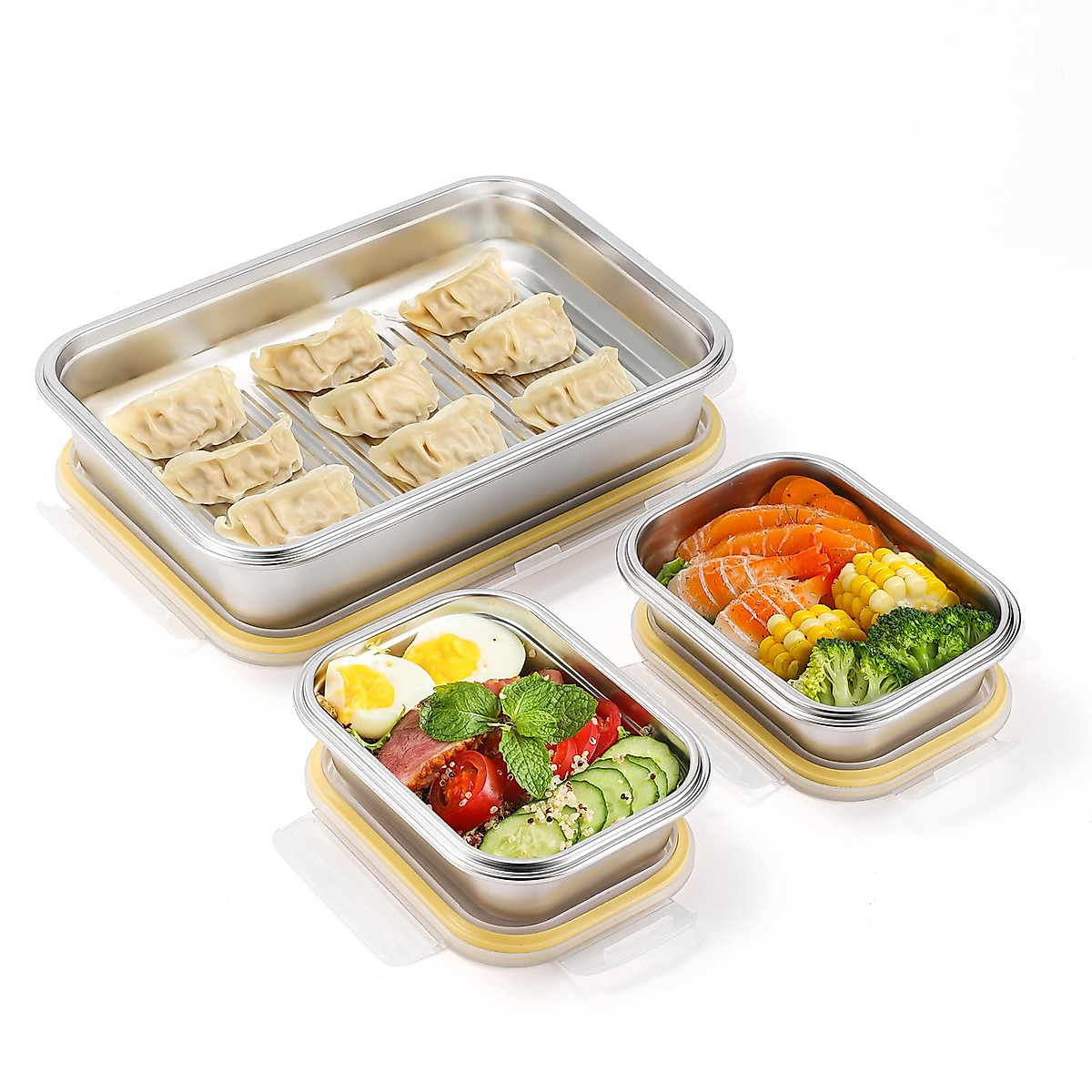 GEEJA 18/8 Stainless Steel Food Storage Containers, Meal Prep Lunch Box, Baking Pan, Stackable Bento Box, Metal Set of 3 (1PC 84oz + 2PC 21oz)