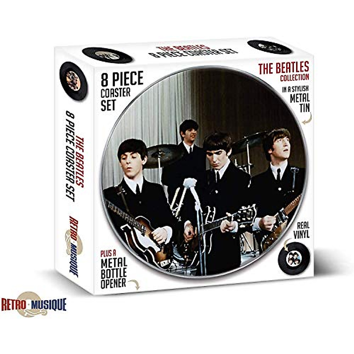 The Beatles - 8 Piece Mini Vinyl Record Coaster Set with Tin & Magnetic Bottle Opener by Retro Musique