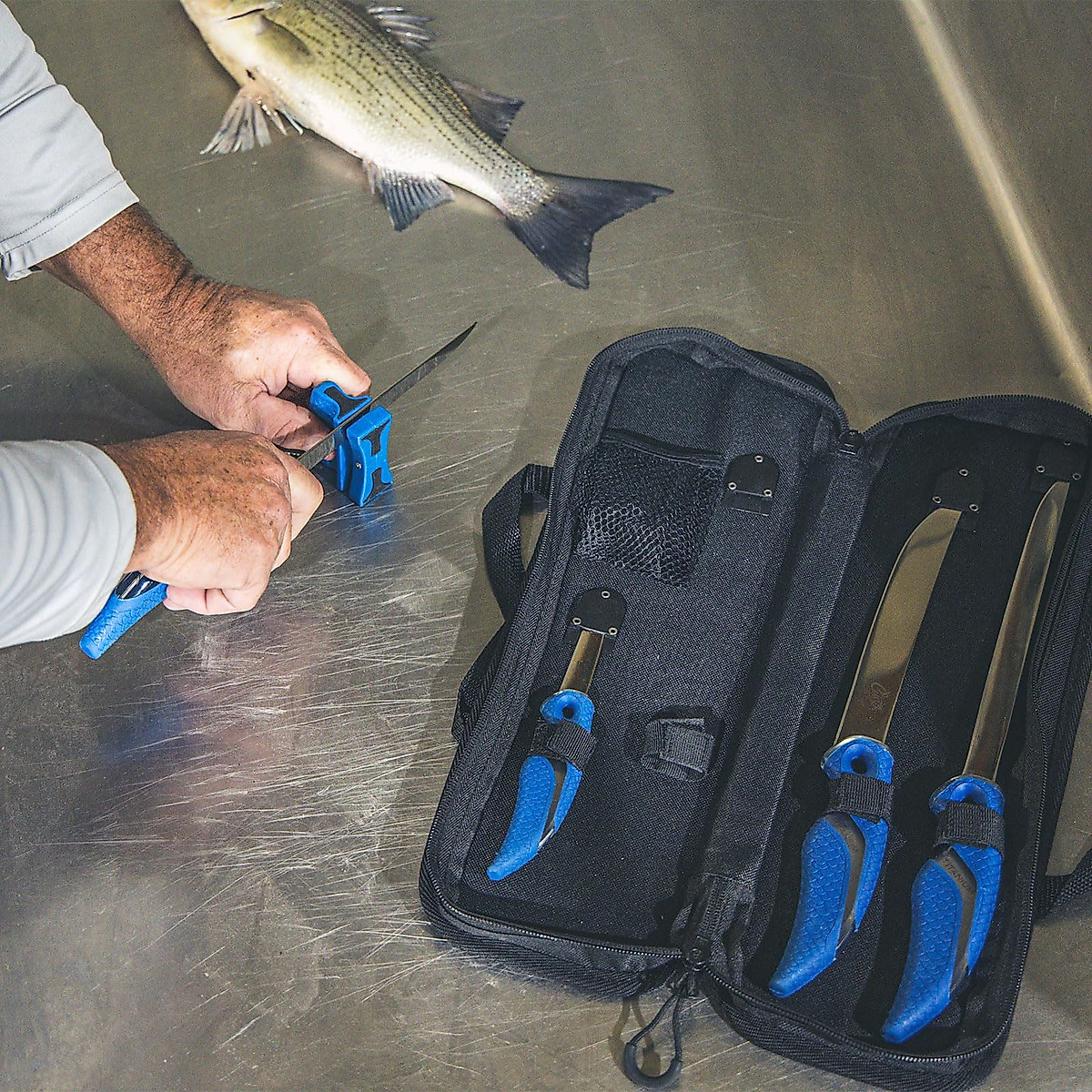 Cuda 6 Piece Fillet Knife Set | 4 Filleting Knives with Titanium Bonded Blade & Non-Slip Grips, Knife Sharpener & Prym1 Heavy Duty Case Included