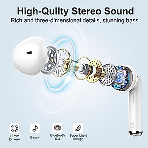 Aptkdoe Wireless Earbuds, Bluetooth 5.3 Headphones with Hi-Fi Stereo Clear Call Mic, 30 Hrs Playtime Bluetooth Earbuds Touch Control with LED Display, IPX7 Waterproof Earphones for iOS Android White
