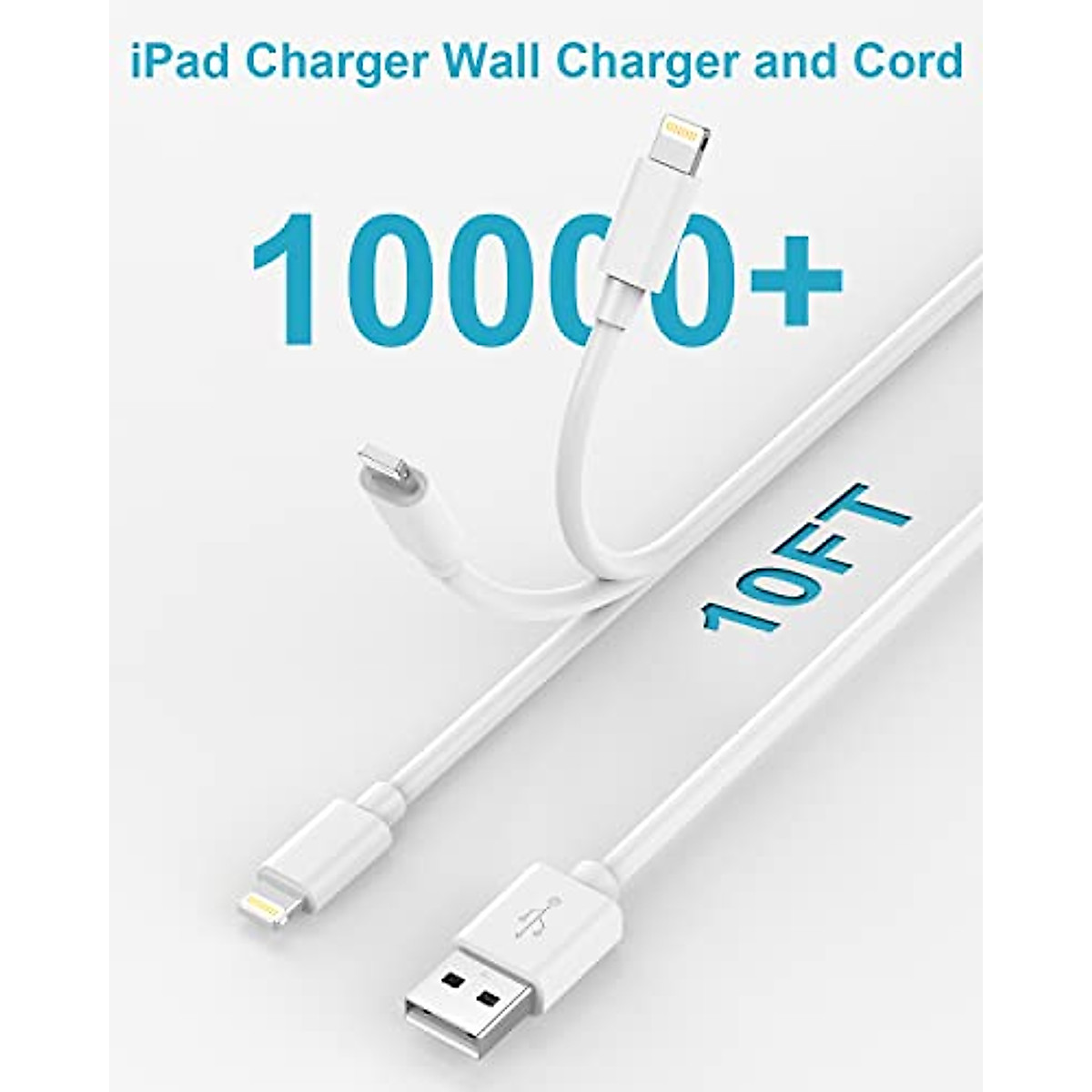 Apple iPad Charger Wall Charger and Cord 10 ft 2Set,12W iPad Charger Fast Charging Block & iPad Charger Cord 10 ft Apple Certified Lightning Cable for iPad 7th 8th 9th Generation,iPad Air/Mini,iPhone