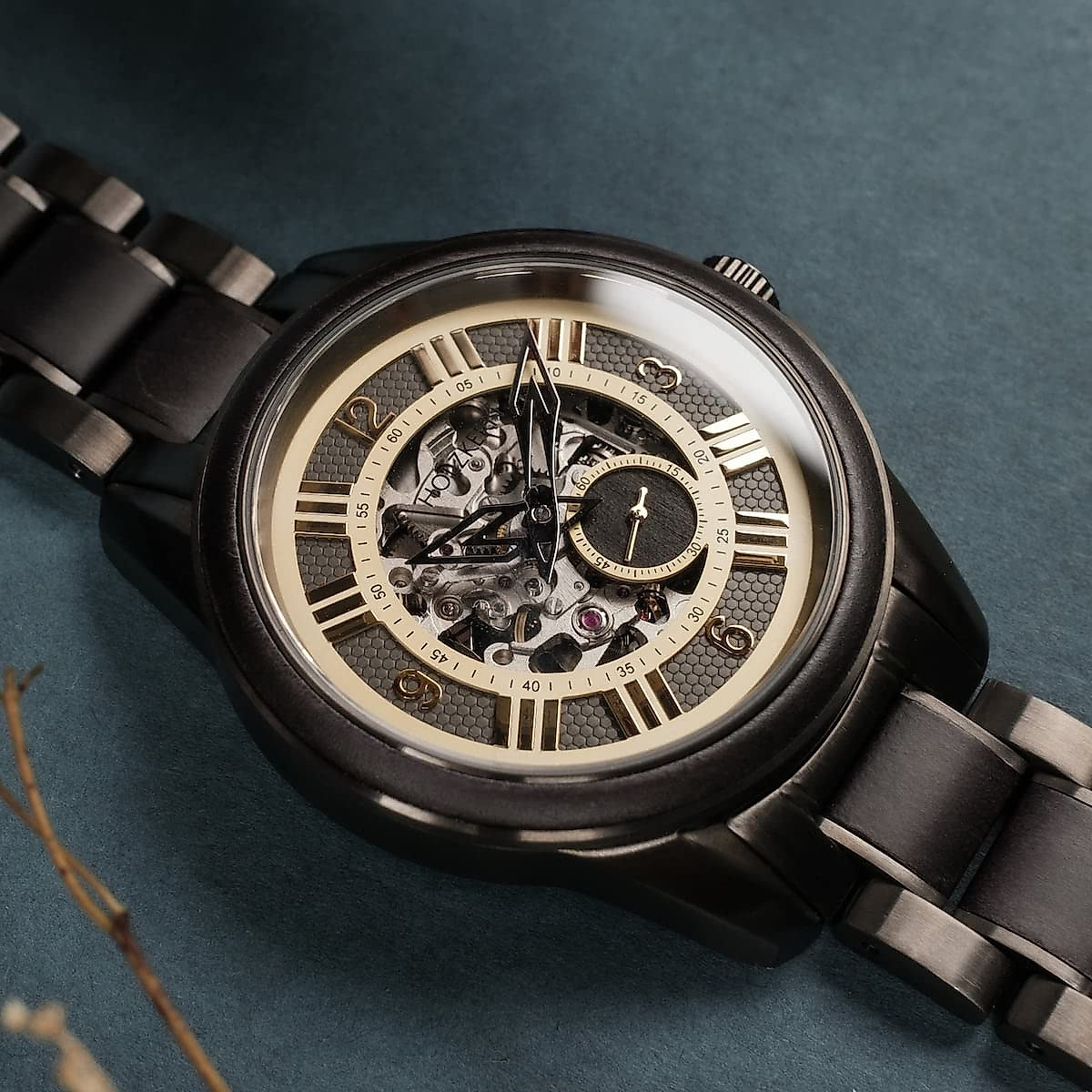 HOLZKERN Navona Men’s Watch, 43mm Gold/Gray Skeleton Dial, Brushed Stainless Steel Strap, Vintage Watch for Men