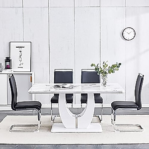 Pvillez 63" Marble Dining Table Set for 4, Modern 5 Piece Dining Set, White Faux Marble Imitation Kitchen Dining Room Table with U-Shaped Pedestal Base & 4 PU Leather Upholstered Dining Chairs