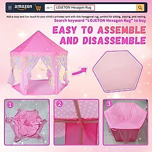 LOJETON Princess Castle Play Tent with Big Moon Star String Lights for Girls, Large Hexagon Playhouse, Kids Dream Tent Toy for Children Indoor Outdoor Games, 55" x 53" (Pink)