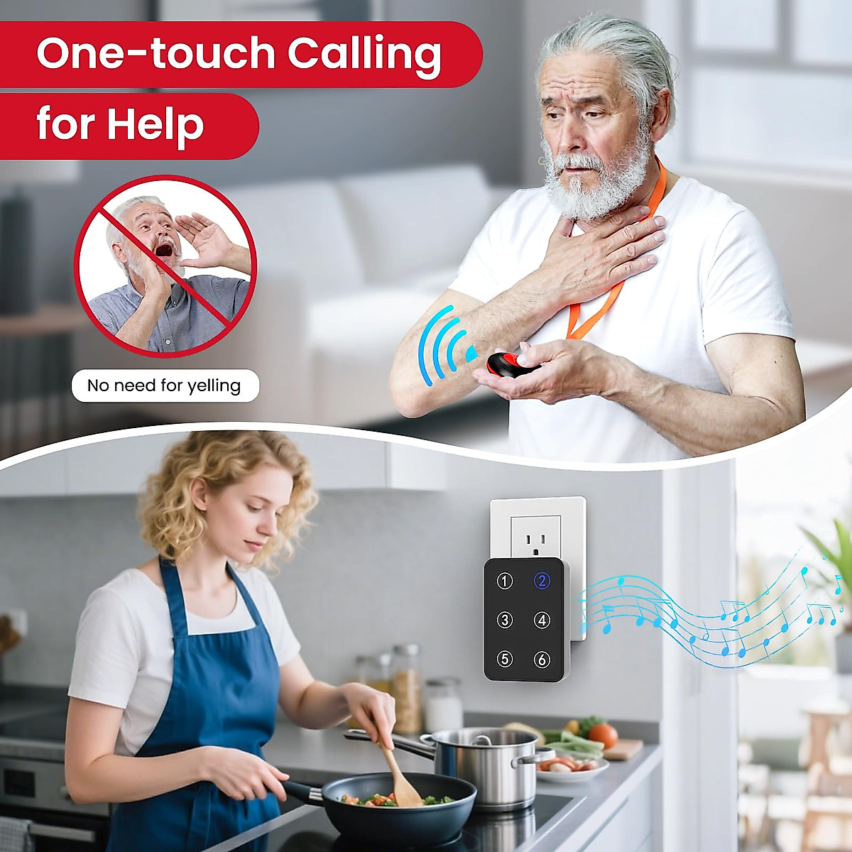 CallToU Caregiver Pager Wireless Call Button Nurse Call System 500Ft with LED Number Display for Elderly Patients Seniors Home Emergency Alert 2 Plug-in Receivers 6 Waterproof Portable Transmitters
