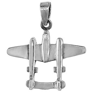 1 1/16 inch Sterling Silver P-38 Lightning Airplane Pendant Diamond-Cut Oxidized finish NO Chain
