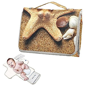 Beach Starfish Seashells Portable Baby Changing Pad Travel Diaper Changing Table Mat Foldable Waterproof Changing Station with Built-in Pillow for Girls Boys Newborn Essentials