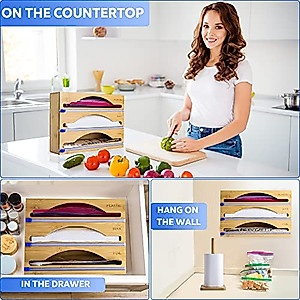 Plastic Wrap Dispenser with Cutter and Paper Towel Holder, 3 in 1 Wax Paper Foil and Plastic Wrap Organizer for Kitchen Drawer, Magnetic Bamboo Wood Parchment Paper Holder for 12” Rolls