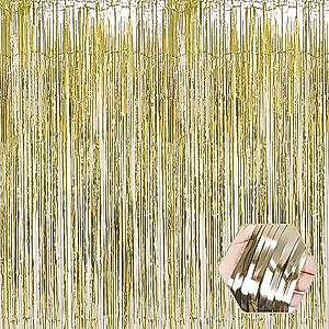 3 Pack Light Gold Foil Fringe Curtain Backdrop, 3.28Ft x 8.2Ft Metallic Tinsel Foil Fringe Streamer Curtains for Photo Booth, Halloween, Christmas, Birthday, Wedding Party Decorations