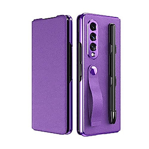 EAXER Compatible with Samsung Galaxy Z Fold 3 5G Case, Lychee Pattern Leather Magnetic Case with Pen Slot Luxury Phone Case Full Protection Cover Bumper Skin (Purple)