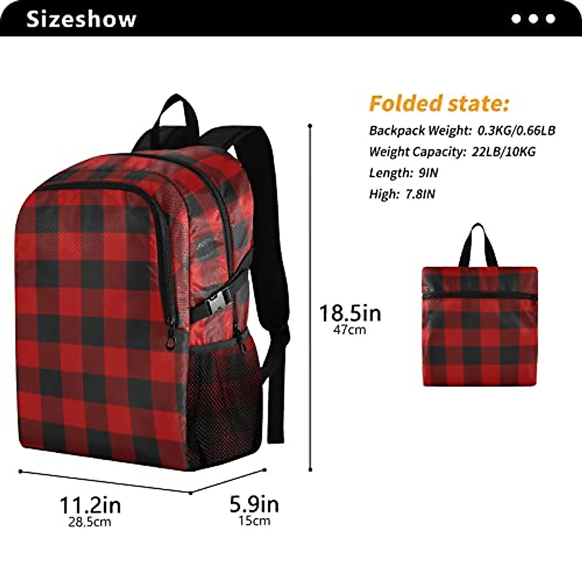 ALAZA Lumberjack Plaid Red and Black Squares Lightweight Packable Foldable Travel Backpack