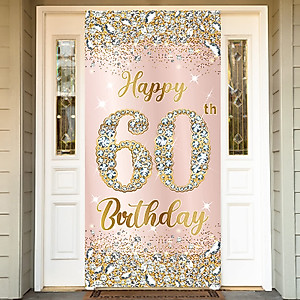 Happy 60th Birthday Door Banner Decorations for Women, Rose Gold 60 Birthday Party Door Cover Backdrop Sign Supplies, Pink Sixty Birthday Poster Decor for Indoor Outdoor Photo Booth Props