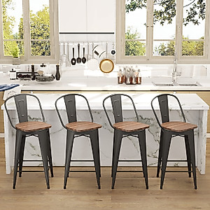 Aklaus Swivel Metal Bar Stools Set of 4 Counter Height Stools Counter Bar Stools with Back Swivel Metal Bar Chairs Wooded Seat 26 Inch Matte Black barstools