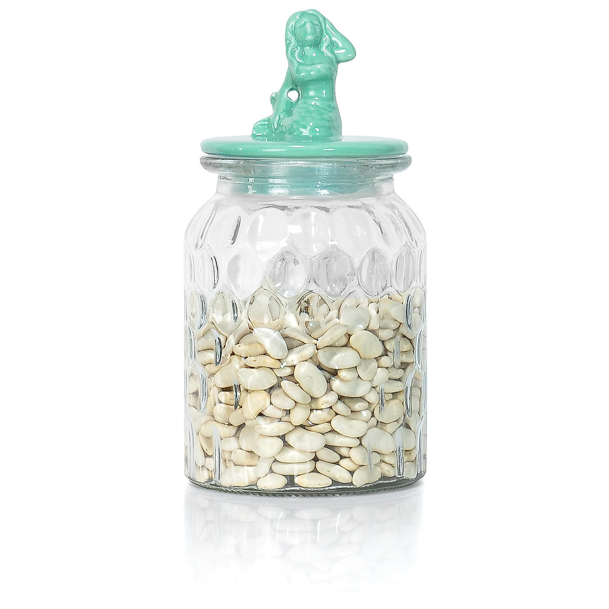 Red Co. 32.75 Oz Dimpled Glass Food Storage Jar with Mermaid Ceramic Airtight Lid, Clear/Teal Blue
