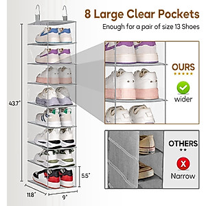 MISSLO Clear Hanging Shoe Organizer for Closet Storage Wider Hanging Shoe Rack 8 Shelf Shoe Hanger Holds 8 Pair of Sneakers, Clothes for Room, Bedroom, College Dorm