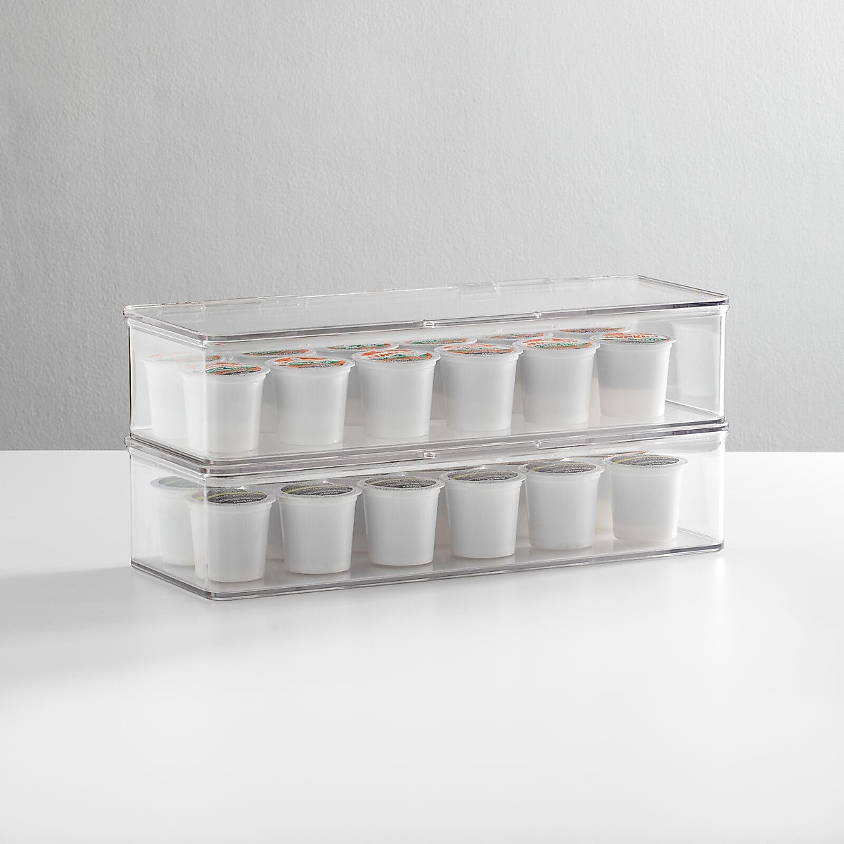 mDesign Long Plastic Kitchen Pantry/Fridge Storage Organizer Box Containers with Hinge Lid for Shelves or Cabinets, Holds Food, Snacks, Seasoning, Condiments, Flatware, Utensils, 2 Pack, Clear