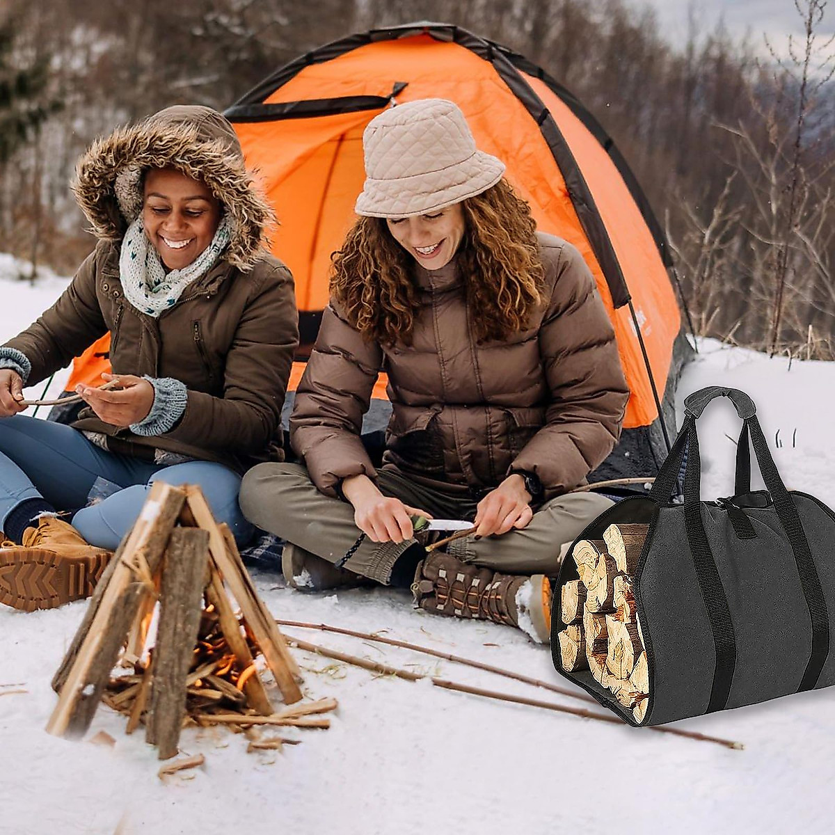 Rionaty 2 Pcs Firewood Carrier - Waxed Canvas Tote Bag, Extra Large Water-Resistant Portable Wood Carrier for Firewood Stove Indoor Outdoor Camping Trip (Brown and Black)
