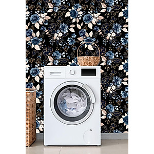 MIAHOME Black and Gold Floral Vintage Wallpaper Peel and Stick Wallpaper Flower Art Deco Dark Blue Contact Wall Paper for Cabinets Removable Vinyl Rose Self Adhesive Wallpaper 17.7in x 6.6ft