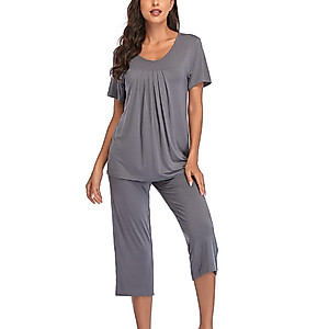 COLORFULLEAF Womens Pajama Sets Summer Pjs Lounge Sets for Women Soft Sleepwear Top and Capri Pants with Pockets (Deep Grey, L)