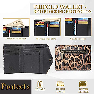 Daisy Rose Trifold Wallet for Women – Multi-Card Organizer with RFID-Blocking Clutch for Women, PU Vegan Leather – Leopard