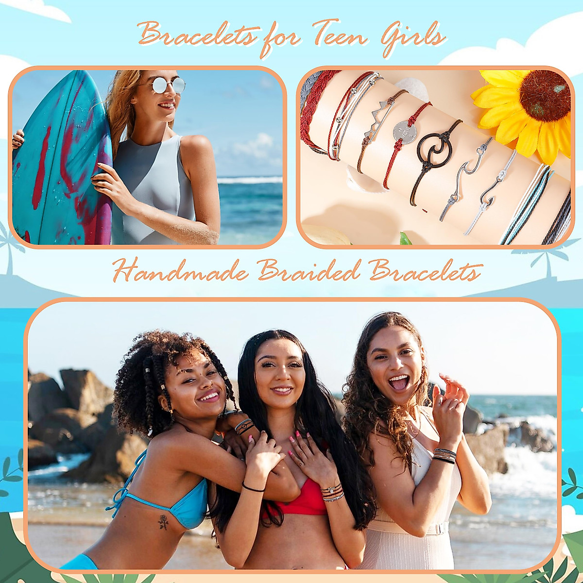 HUASAI Vsco String Bracelets for Teen Girls Women Waterproof Boho Rope Bracelets Wave Surfer Bracelets Summer Beach Anklets