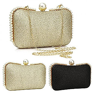 Women Sequin Evening Clutch Purses Pearls Clutch Bag Wedding Bridal Prom Purse Shoulder Handbag for Ladies (Black)