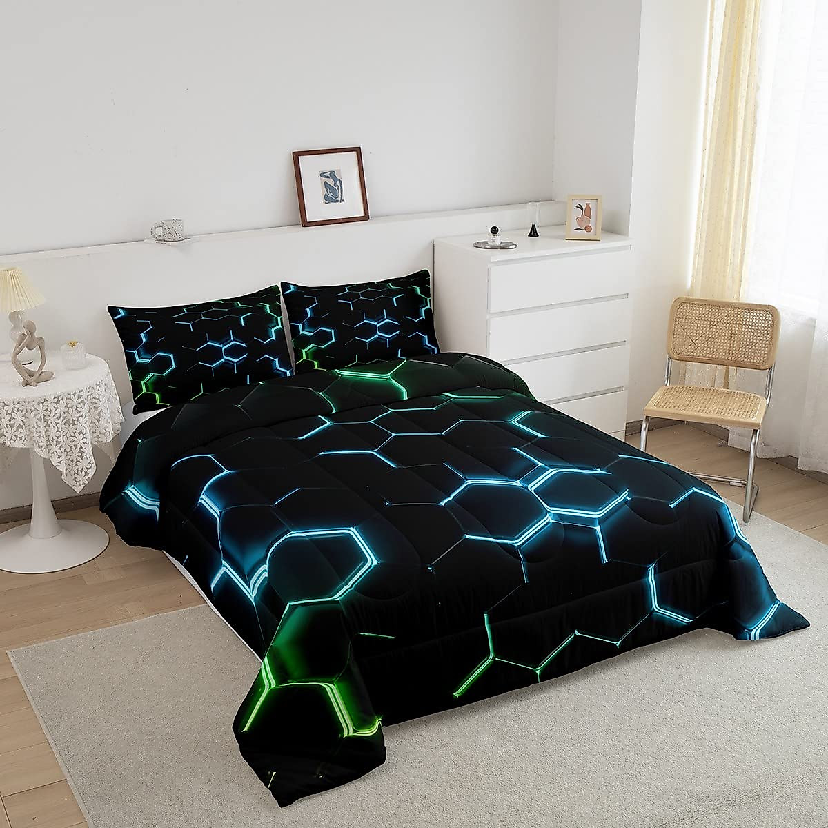 Teal Blue and Black Print Comforter Set Hexagonal Bedding Set Kids Boys Teens Honeycomb Decor Comforter Beehive Geometric Quilt Set Bedroom Collection 3Pcs Full Size