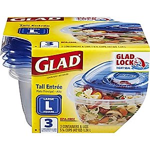 Glad GladWare Tall Entrée Food Storage Containers | Large Square Containers for Food Hold up to 42 Ounces of Food, 3 Count | Strong and Sturdy Large Food Storage Holders