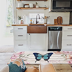 Kitchen Rugs Area Runner for Hallways Autumn Farmhouse Flower and Butterfly Non-Slip Accent Carpet Indoor Floor Long Doormat Rustic Wood Plank Kitchen Mats Laundry Room Rug Entryway Runners
