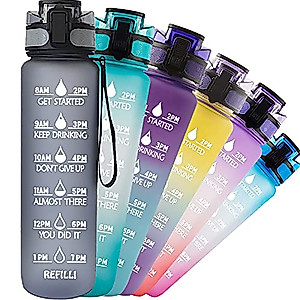 TACGEA Water Bottle 32oz, Motivational Sports Water Bottle with Time Marker to Drink, BPA Free and Leakproof, for Outdoor Fitness Sports and Office, Grey