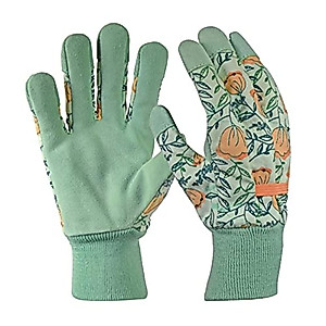 Digz Women's Leather Palm Garden Gloves with Knit Wrist, Coral Floral Pattern, Large
