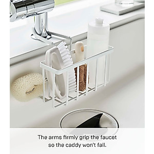 YAMAZAKI Home Faucet-Hanging Sponge Caddy Kitchen Sink Dish Soap Bottle Brush Scrubber Organizer Holder, Metal with Silicone Protection | Steel, One Size, White