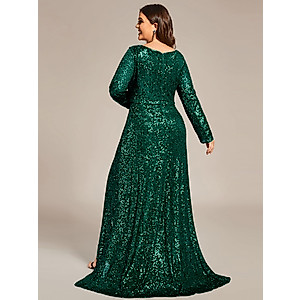 Ever-Pretty Women's V-Neck Sequin A-Line Pleated Long Sleeves Midi Plus Size Dress Ball Gowns Dark Green US20