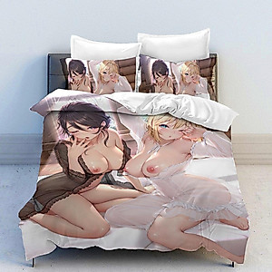 NICHIYOBI Sexy Anime Girls Uncensored Poster Duvet Cover 3 Piece Bedding Set,Adults Teen Movie Anime Themed Quilt Cover (Style 4,King104x90in + 20x36in*2)
