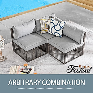 Festival Depot 3 Pieces Patio Conversation Set Sectional Corner Sofa Combination Outdoor Furniture All-Weather Wicker Metal Armless Chairs with Seating Back Cushions Garden Deck Poolside (Grey)